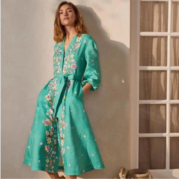 Boden | Dresses | Boden Addie Green Floral Linen Midi Dress 618r ...
